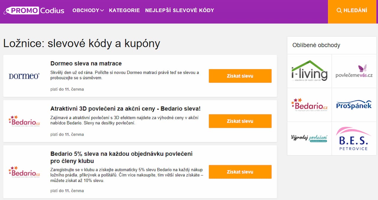 Snímek obrazovky webu: propagační kódy pro nákupy v internetových obchodech v ČR