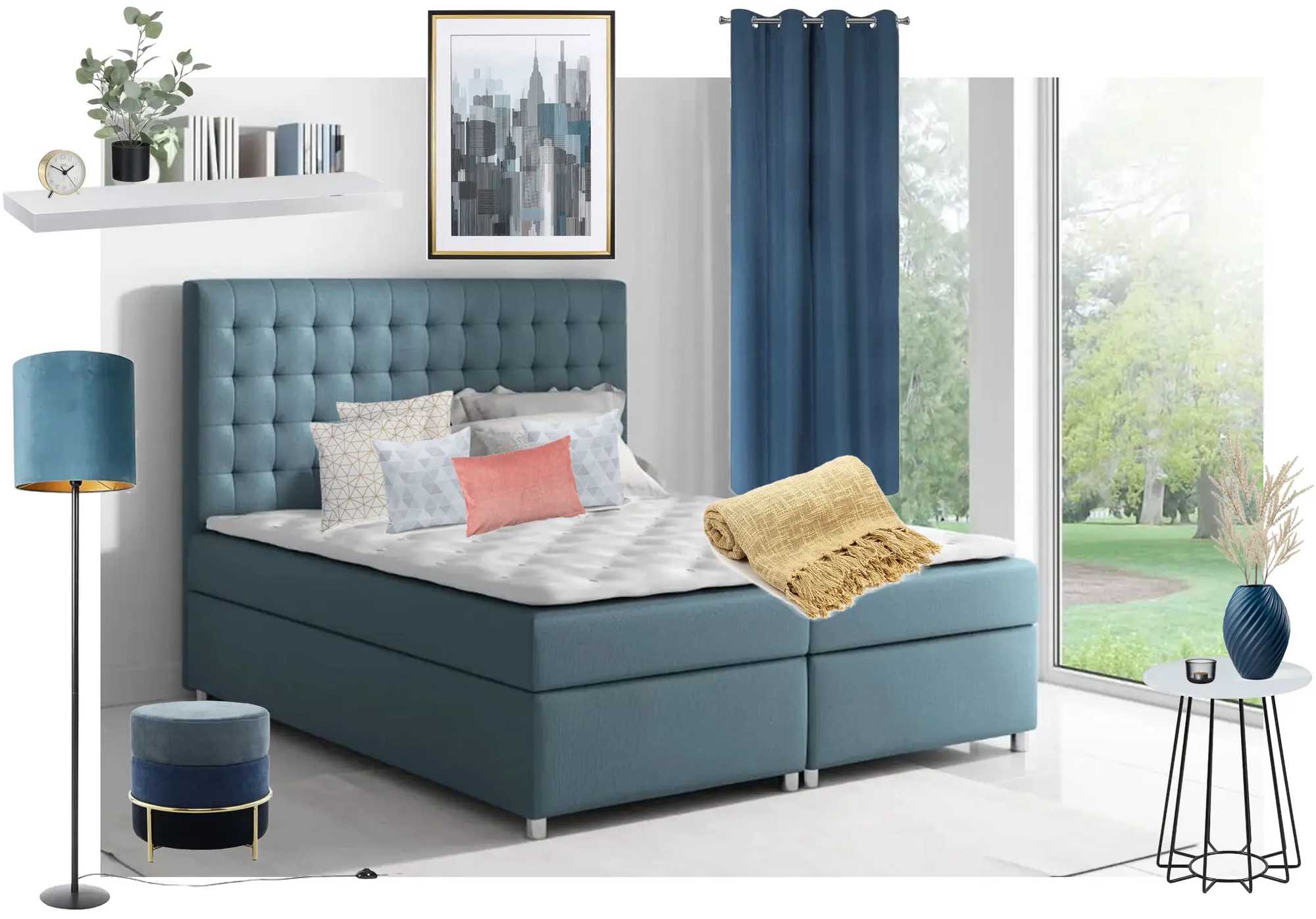 Modrá ložnice s postelí boxspring
