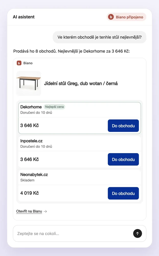Biano v AI asistentovi: porovnání cen jednoho stolu v několika obchodech