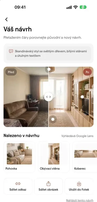Hotový návrh pokoje s posuvníkem před a po