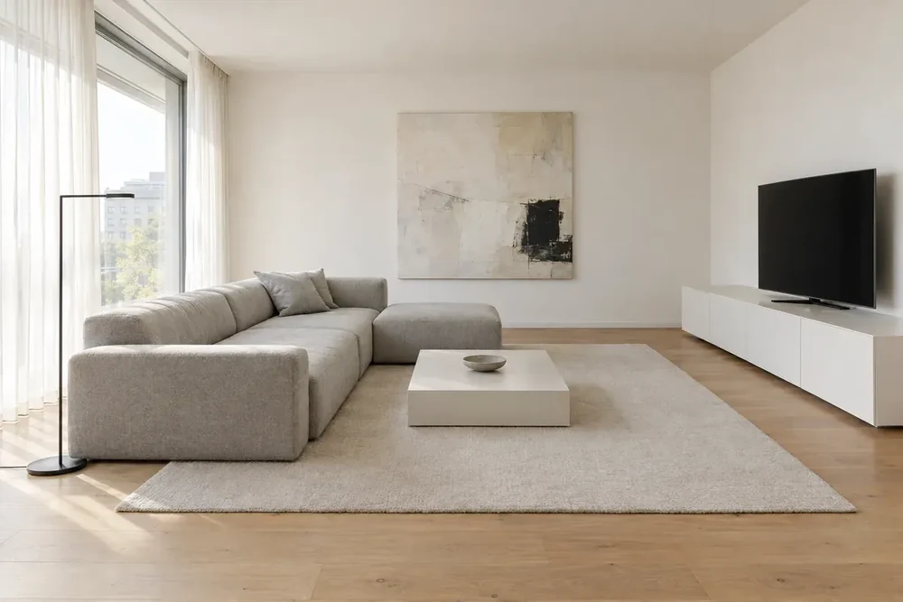 Minimalistický interiér se šedou modulovou pohovkou, bílými stěnami a televizní komodou