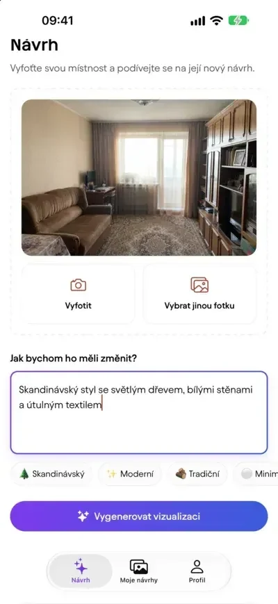 Zadání návrhu v aplikaci Biano: fotka pokoje a přání