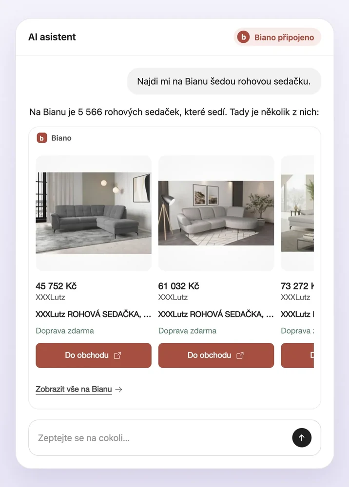 Biano v AI asistentovi: produktové karty rohových sedaček s cenou, obchodem a tlačítkem Do obchodu