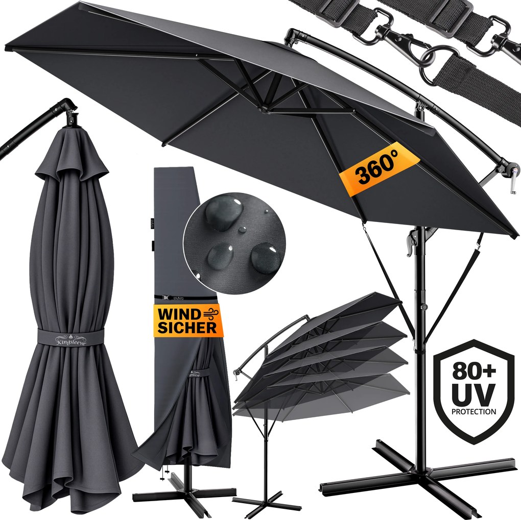 Závěsný slunečník antracitová Ø300cm hliníkový UV 80+ křížová podnož