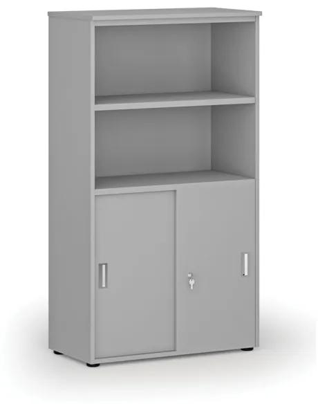 Kombinovaná kancelářská skříň PRIMO GRAY, zasouvací dveře na 2 patra, 1434 x 800 x 420 mm, šedá
