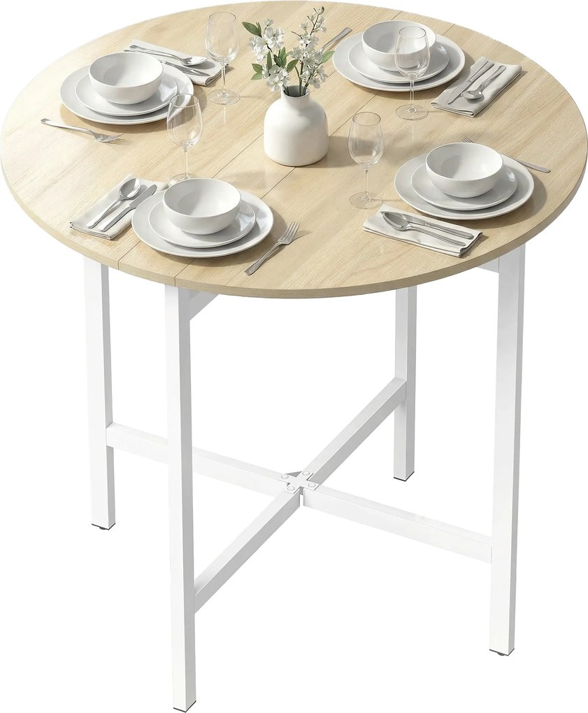 HOMCOM skládací kulatý jídelní stůl pro 2–4 osoby, úspora místa, sklopné desky, ocelový rám, dekor dřeva/bílá, 80 x 76 cm