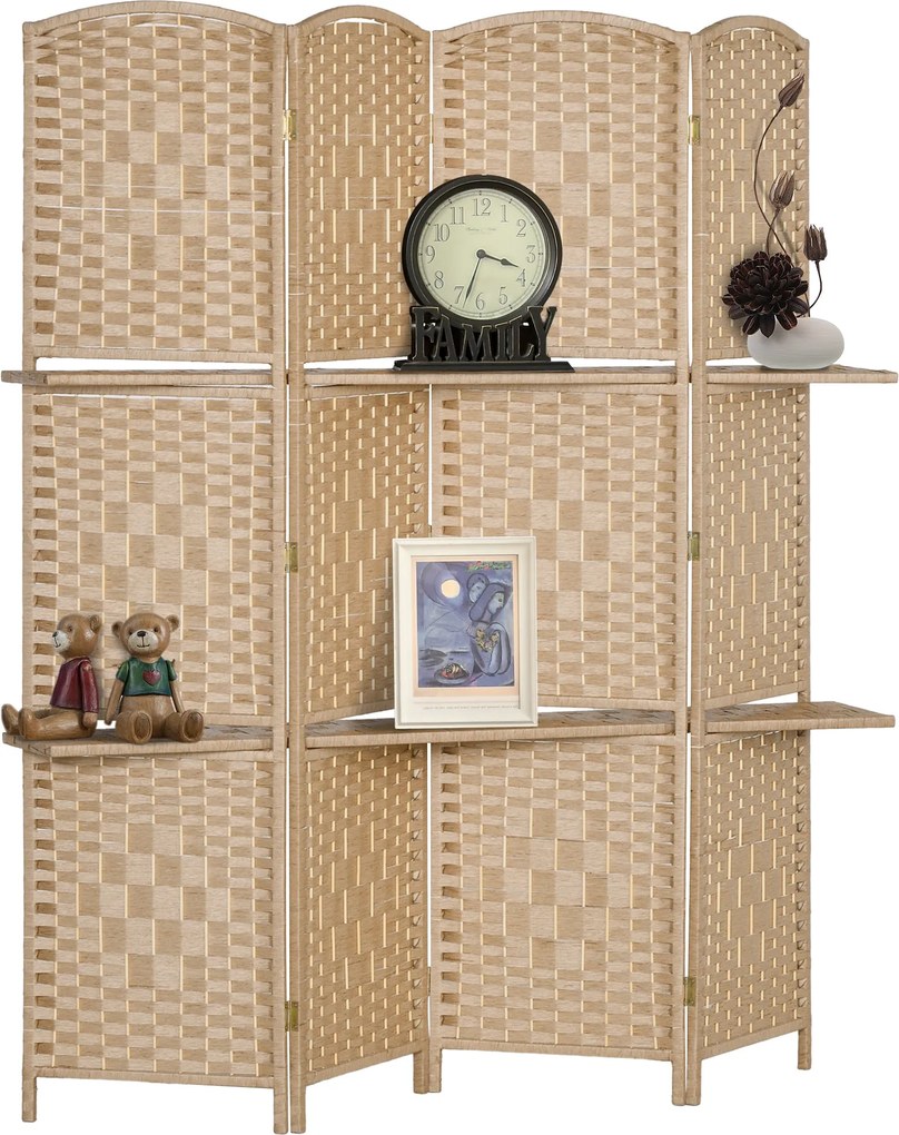 HOMCOM 4-panelový rozdělující paraván 160x170 cm se 2 policemi, soukromý paraván skládací příčka do kanceláře a ložnice přírodní | Aosom