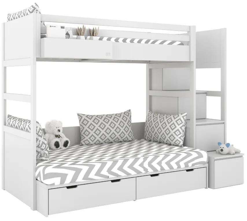 BAMI Bílá patrová postel se dvěma lůžky SIMONE s úložnými schody a policí 90x200 cm, 120x200 cm Zvolte šuplík: Bez šuplíku, Zvolte stranu: Vpravo
