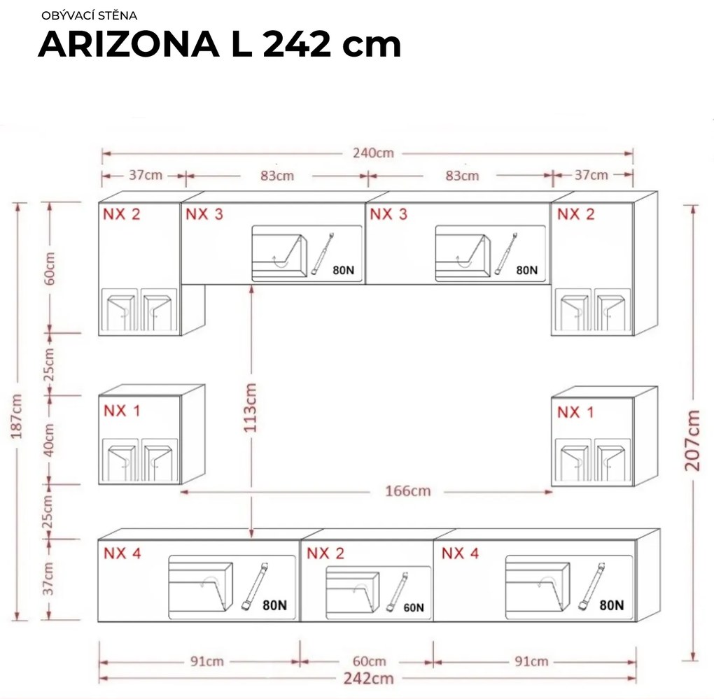 Ral Obývací stěna ARIZONA L, 242 cm - Bílý lesk