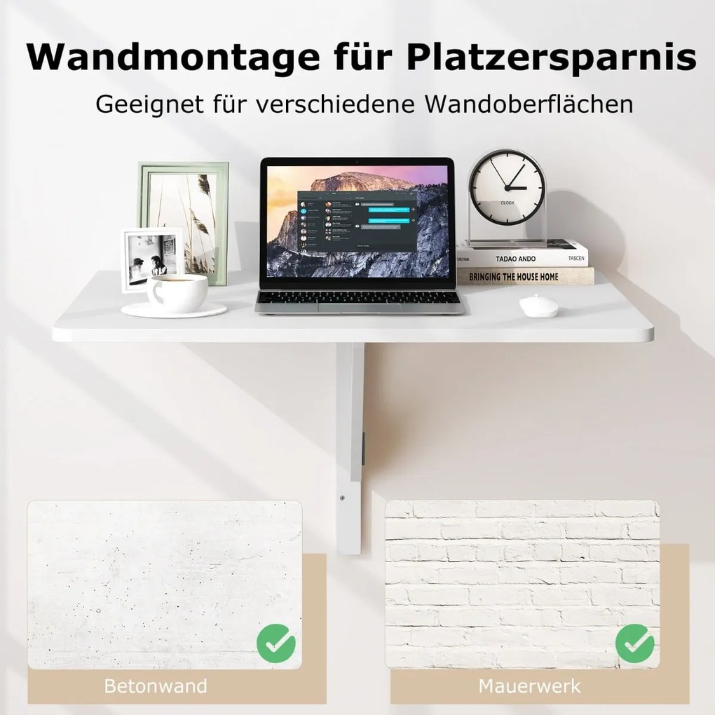 Costway Nástěnný skládací stůl šetřící prostor Skládací – 80 × 60 cm, bílý