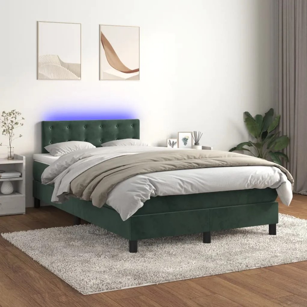 Box spring postel s matrací a LED tmavě zelená 120x200 cm samet 3134636