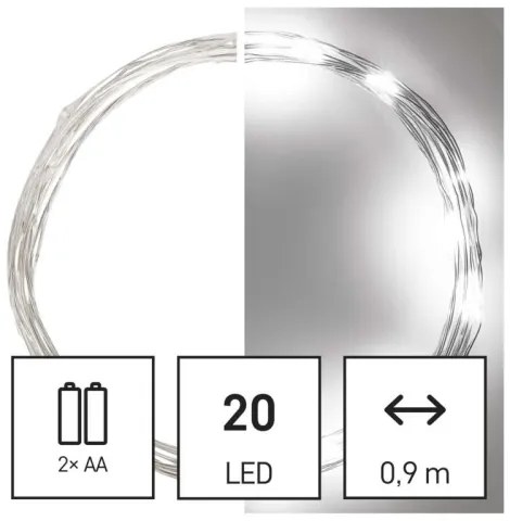 Vánoční osvětlení EMOS D3AC07 ZY1950 20LED nano řetěz stříbrný 1,9m 2xAA studená bílá s časovačem