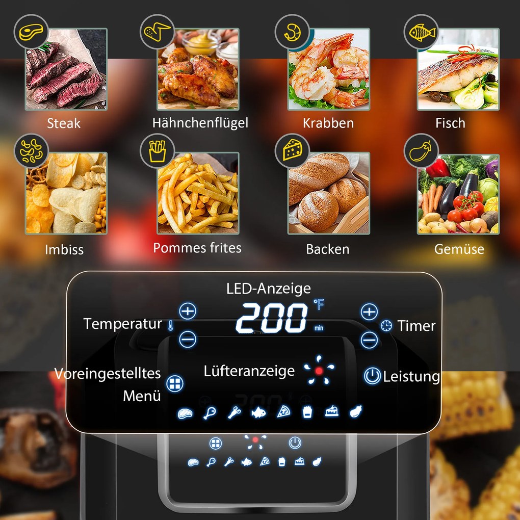 HOMCOM Horkovzdušná fritéza 6,5 l 1700 W, s 8 menu, LED displej, nepřilnavý koš pro zdravé vaření bez oleje, 36,5 x 29 x 33,8 cm | Aosom