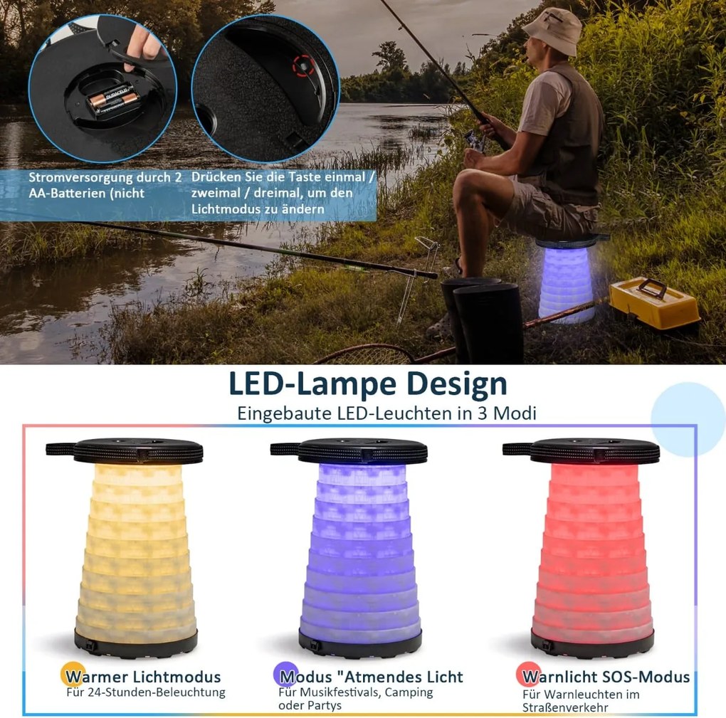 Costway Přenosný skládací stůl se 2 LED teleskopickými stoličkami, kempingovým
