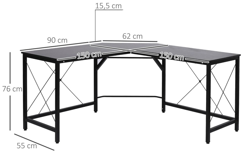 Počítačový stůl HOMCOM Rohový stůl ve tvaru L 150x150x76cm MDF černý, moderní rohový stůl pro kancelář a domácí pracovnu