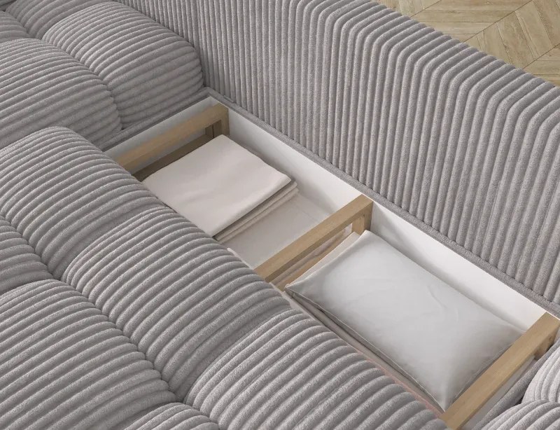 Rohová sedací souprava Vianetto s funkcí spaní a úložným prostorem, světle šedý samet, univerzální