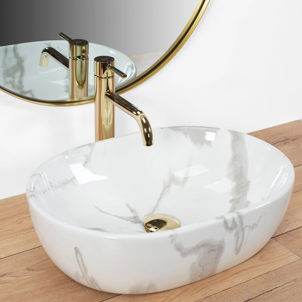 Rea Amelia Marmo Shiny, keramické umyvadlo na desku 480x345x135 mm, imitace kamene, REA-U8001