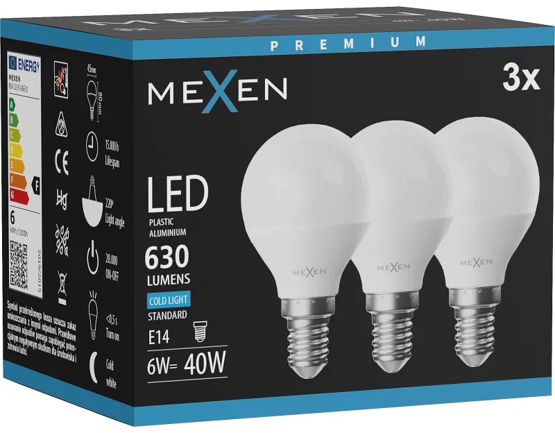 Mexen Nova 3x LED žárovka E14, G45, 6W, Studená - 6500K, 630 lm - L101-E14-0665-01x03
