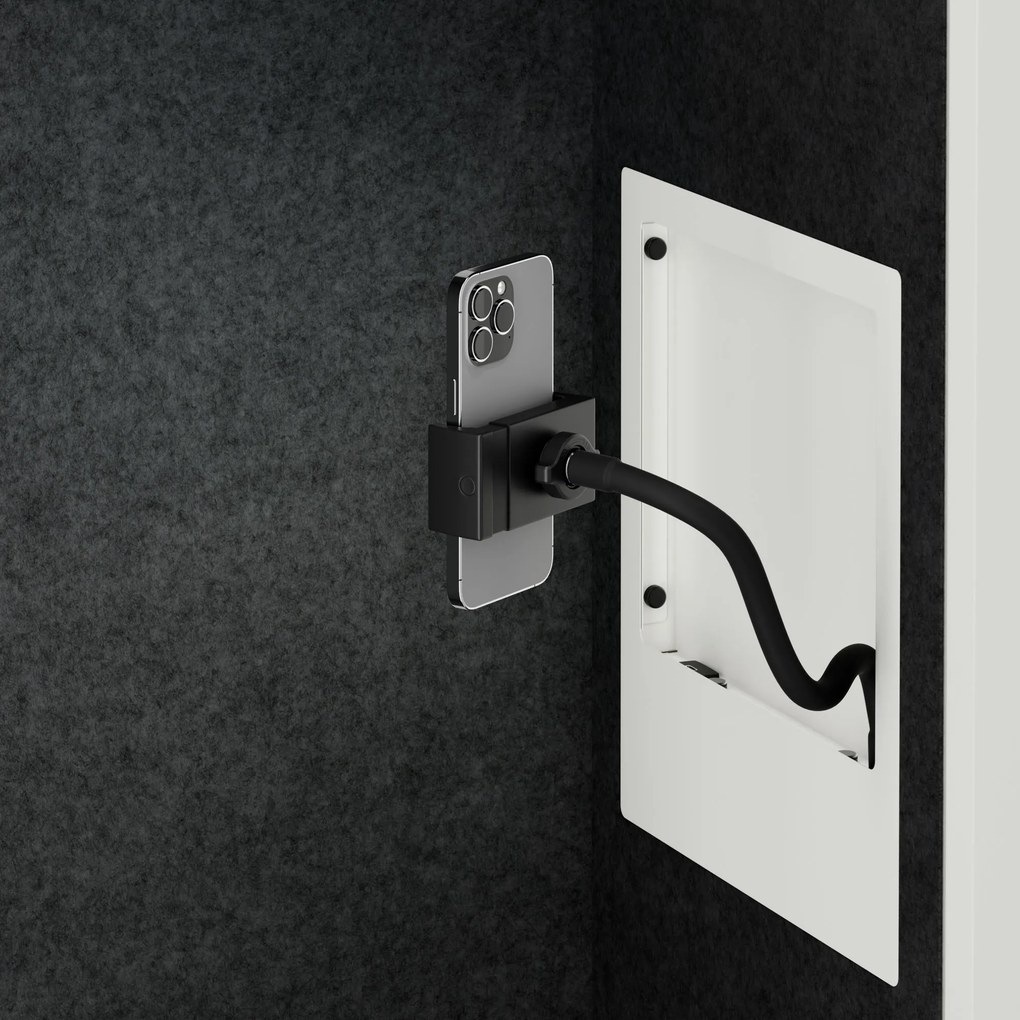 Kancelářská akustická kabina se sedátkem a USB-C portem, korpus bílý / sedák tmavě šedá, 1150 mm: SALLY MentalBox