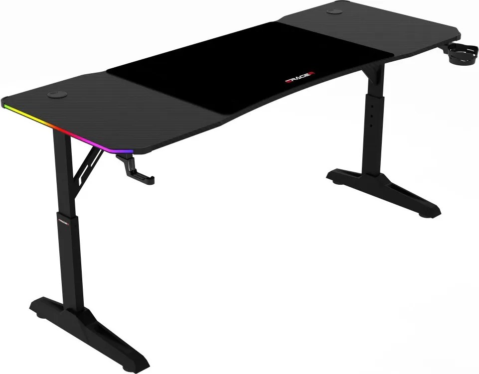 Výškově nastavitelný herní stůl ERACER H1216 — 160x60 cm, kov, melamin, černá, RGB podsvícení