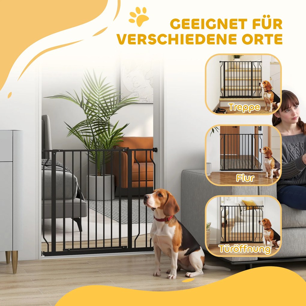 PawHut Rozšiřitelná bezpečnostní brána pro psy 75-95 cm pro dveře a schody, s prodloužením, tlaková montáž a dvojitý zámek, černá