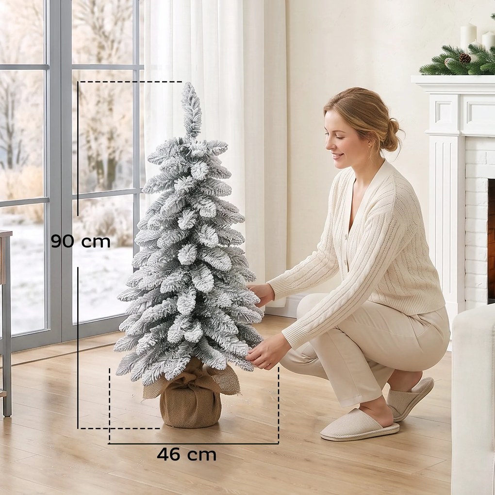 HOMCOM Umělý vánoční strom, 90 cm (3 ft), štíhlý „pencil“ strom s 107 větvičkami, juta základna, bílý