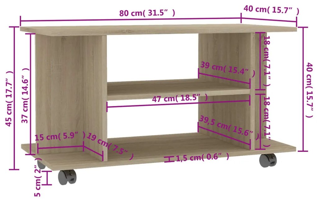 vidaXL Marketos TV stolek s kolečky dub sonoma 80 x 40 x 45 cm kompozitní dřevo