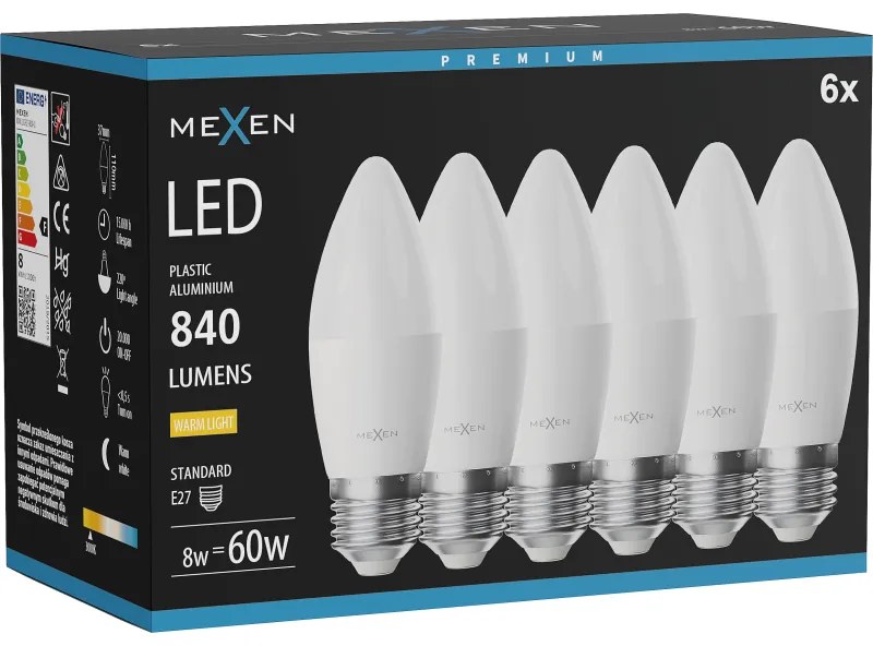Mexen Nova 6x LED žárovka E27, C37, 8W, Teplá - 3000K, 840 lm - L102-E27-0830-01x06