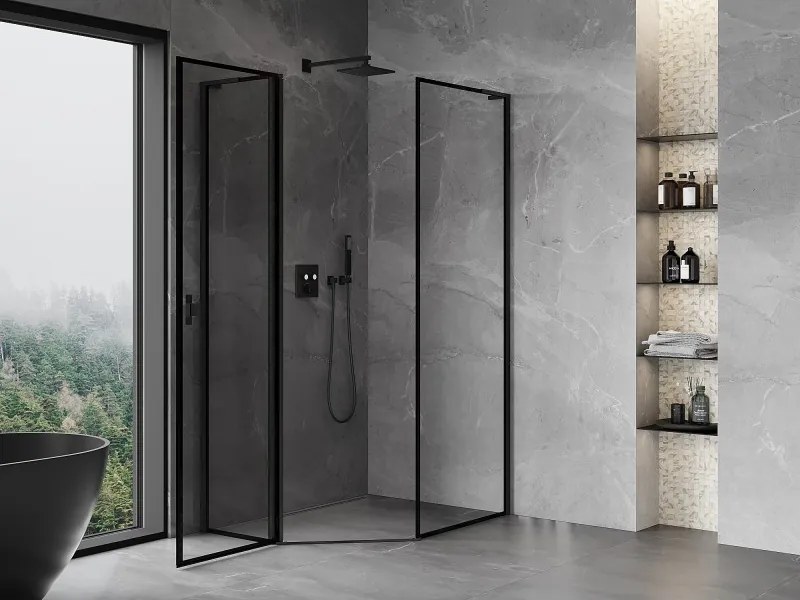 Mexen Mist L, pětiúhelníkový sprchový kout s křídlovými dveřmi, 80 x 90 cm, 8mm čiré sklo, černý profil, 8A8L-080-090-70-70-L