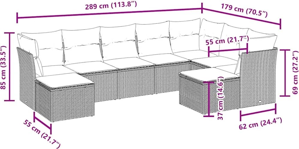 9dílná zahradní sedací souprava s poduškami černá polyratan 3250405