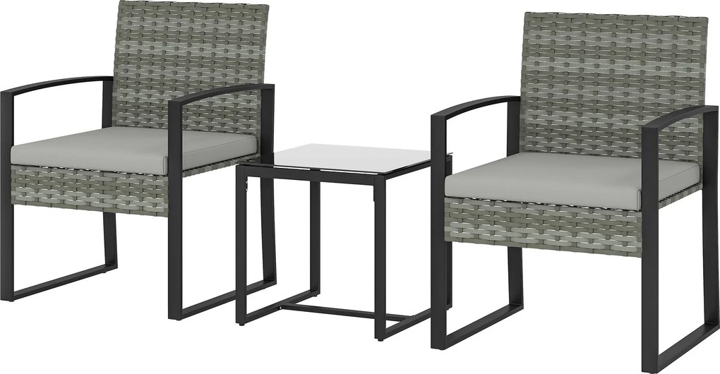 Outsunny PE ratanový bistro set, 3dílný zahradní set se 2 židlemi, stolkem, odnímatelnými polstry, balkon/terasa, světle šedý | Aosom
