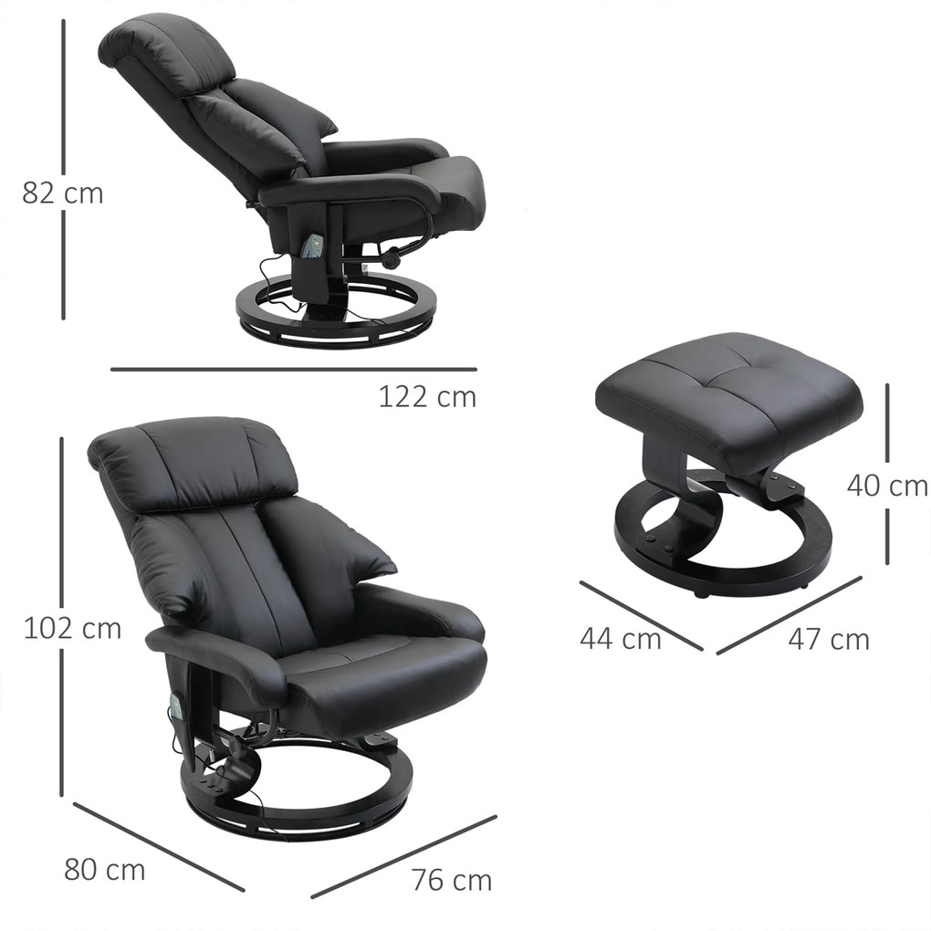 Televizní křeslo HOMCOM s funkcí polohování, hluboké čalounění, vysoký opěrák a područky, otočné o 360°, imitace kůže, 76L x 80W x 102H cm, černá | A…