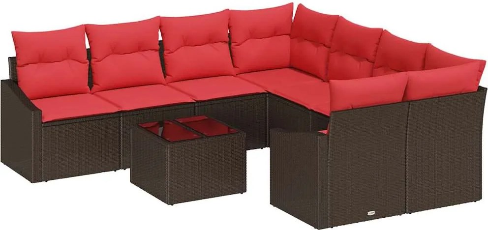 Set pohovek 9 ks 3-Počet míst Hnědá a červená polyratan 3346664