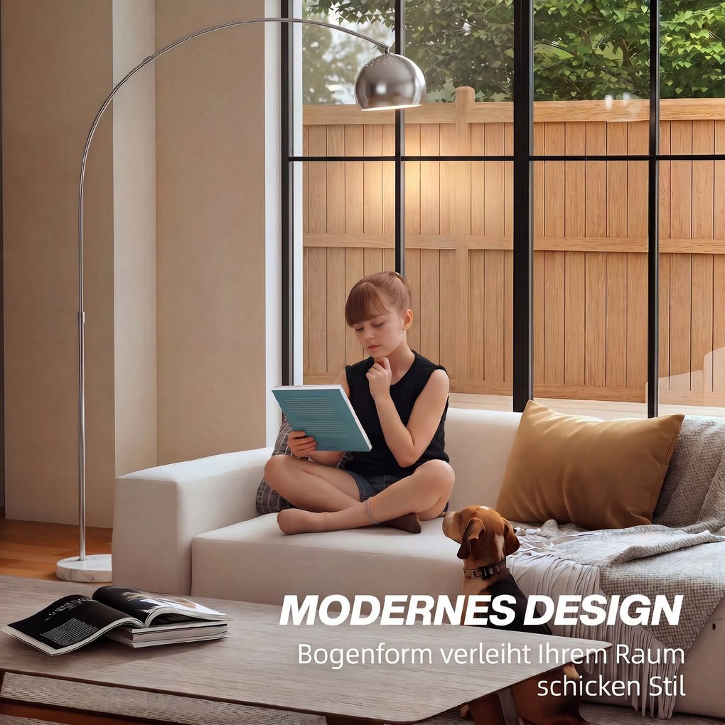 HOMCOM Stojací lampa, obloukový design s mramorovou základnou, 167 cm, stříbrná