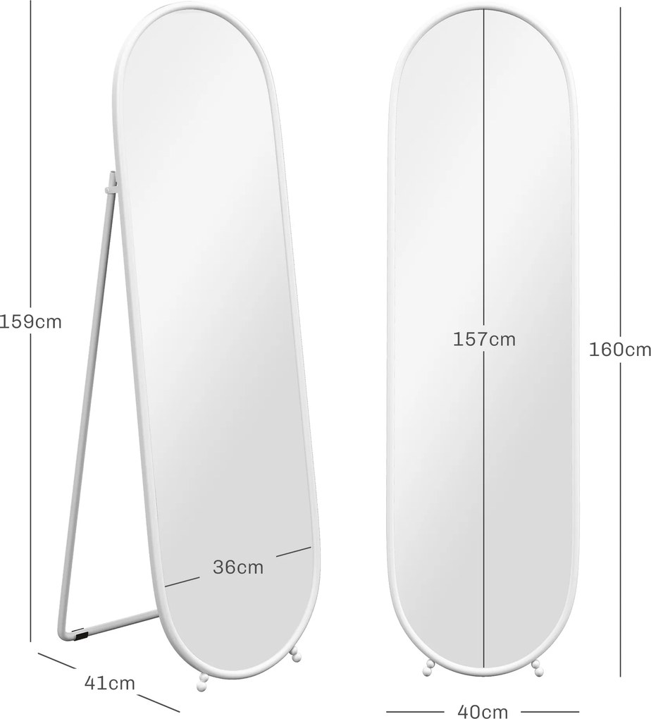 HOMCOM Zrcadlo na celé tělo, 160 x 40 cm Nástěnné zrcadlo se stojanem, Kovový rám, Oválné podlahové zrcadlo do obývacího pokoje, ložnice, Bílá