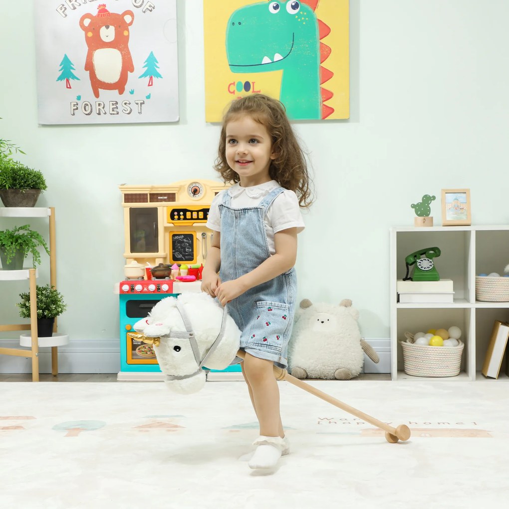 AIYAPLAY hlavice koně na dřevěné tyči Design jednorožce Zvuky a kolečka Houpací kůň 95 cm Bílá