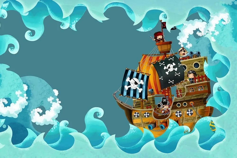 Tapeta dětská pirátská loď v rozbouřeném moři - 375x250 cm
