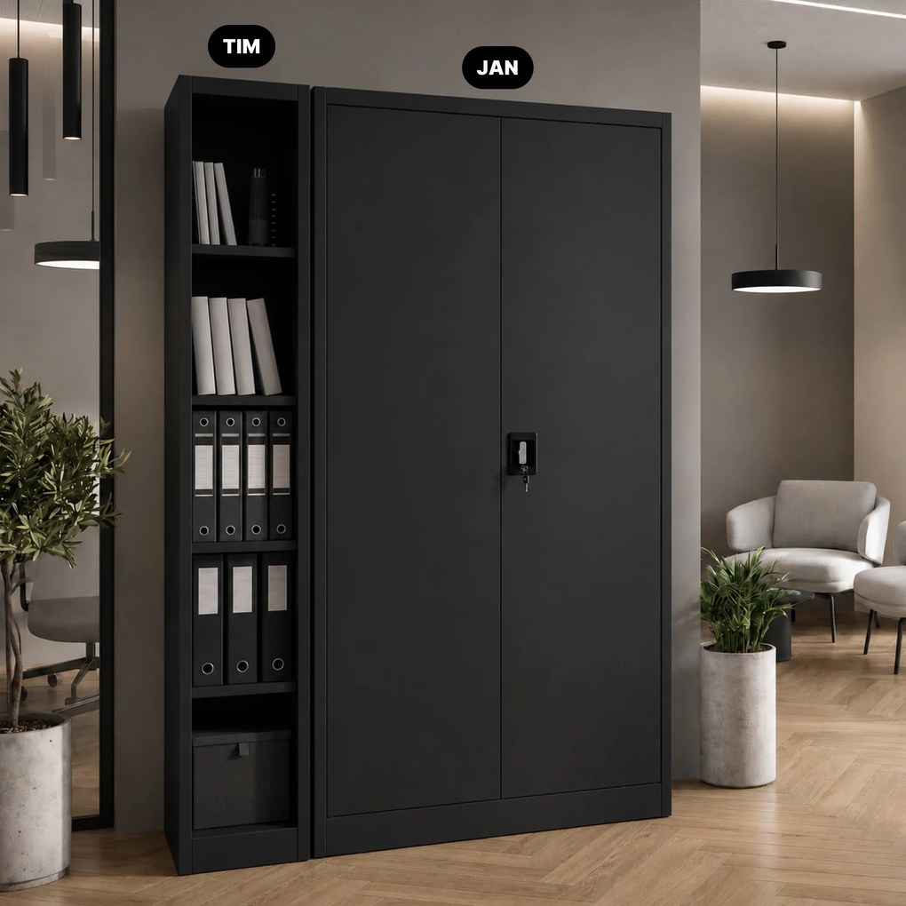 Úzký kovový archivační regál na dokumenty černý, 250x1850x600 mm: TIM