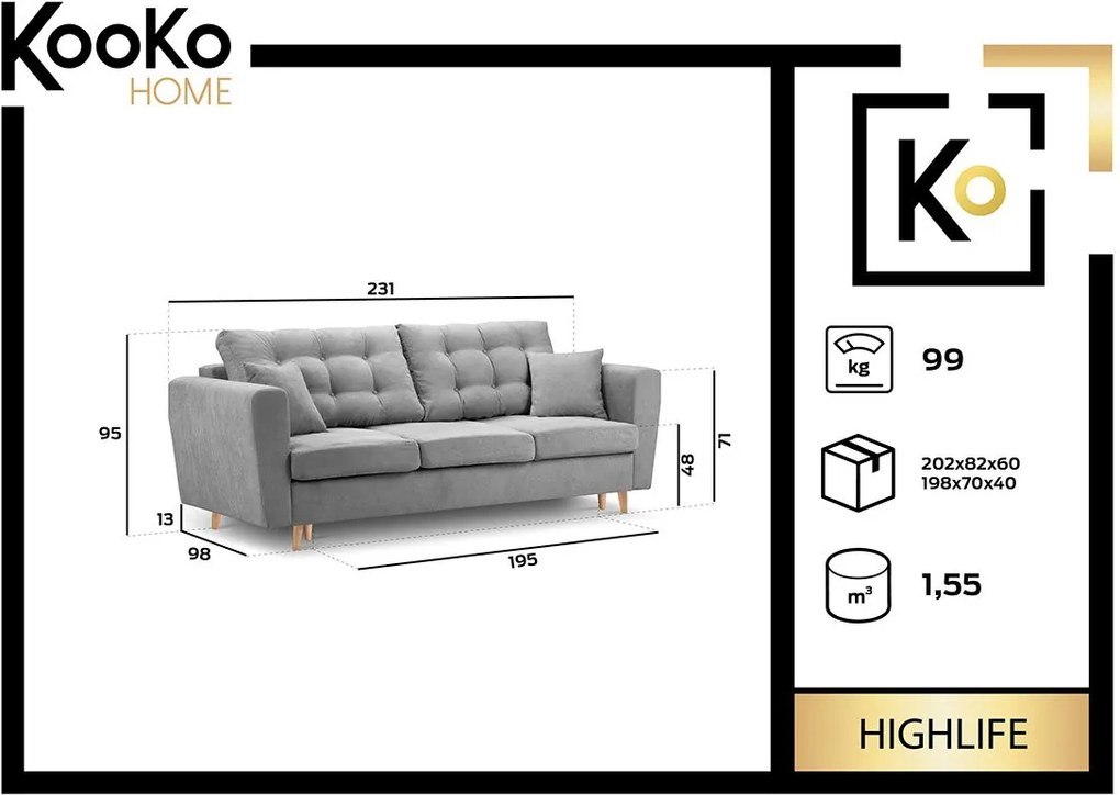 KOOKO HOME Třímístná rozkládací pohovka s úložným prostorem Highlife