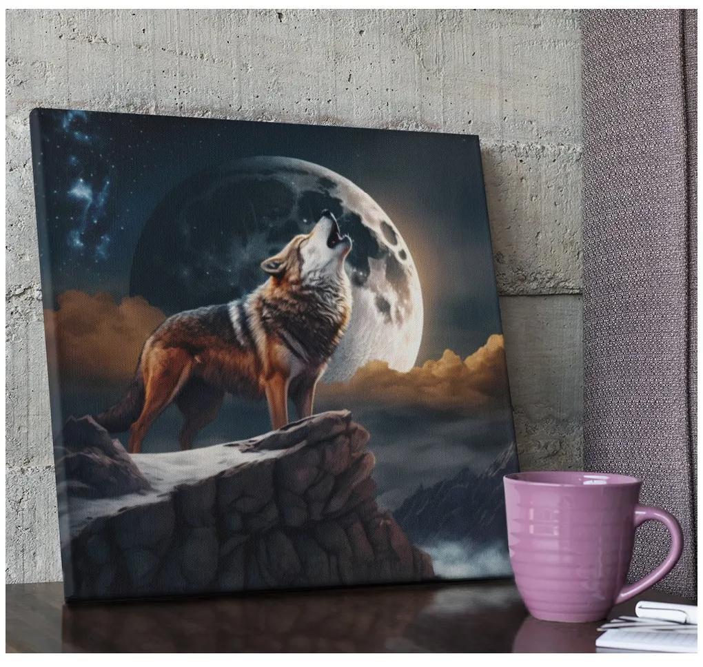 Obraz na plátně - Vlk vyjící na měsíc FeelHappy.cz Velikost obrazu: 80 x 80 cm