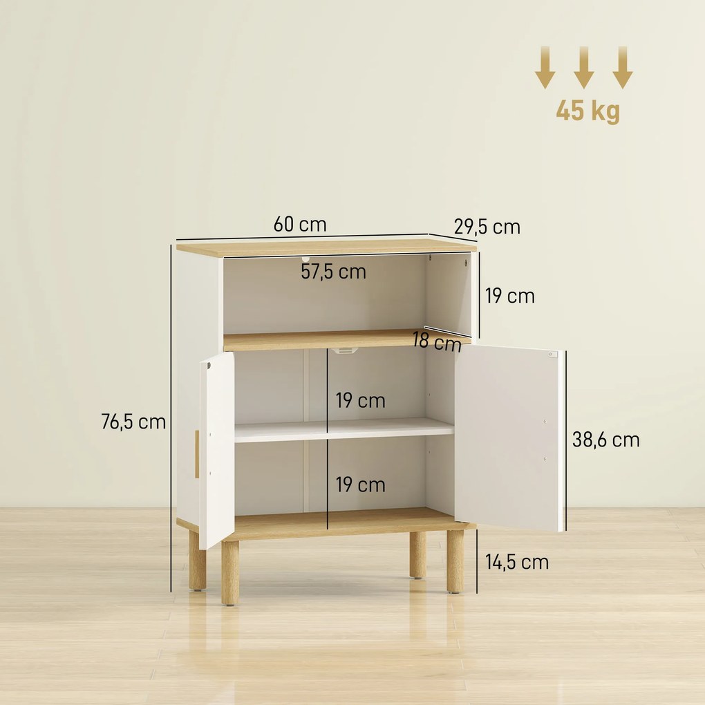 HOMCOM koupelnová skříň, úložný nábytek se 2 dveřmi, otevřená přihrádka, nastavitelná police, 60x29,5x76,5 cm, bílá