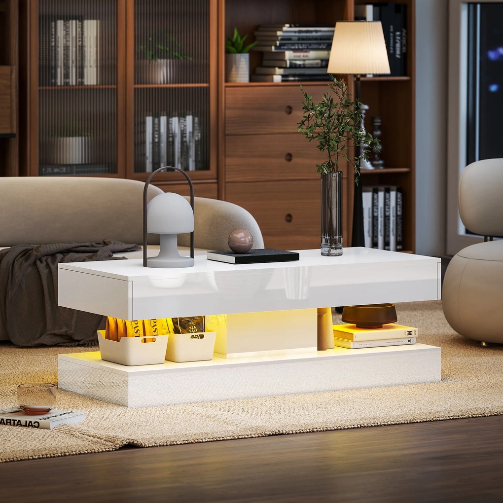 HOMCOM Konferenční stolek s zásuvkami a LED světly, moderní sofa stůl s otevřenou policí, konferenční stolek, dřevotříska, bílá