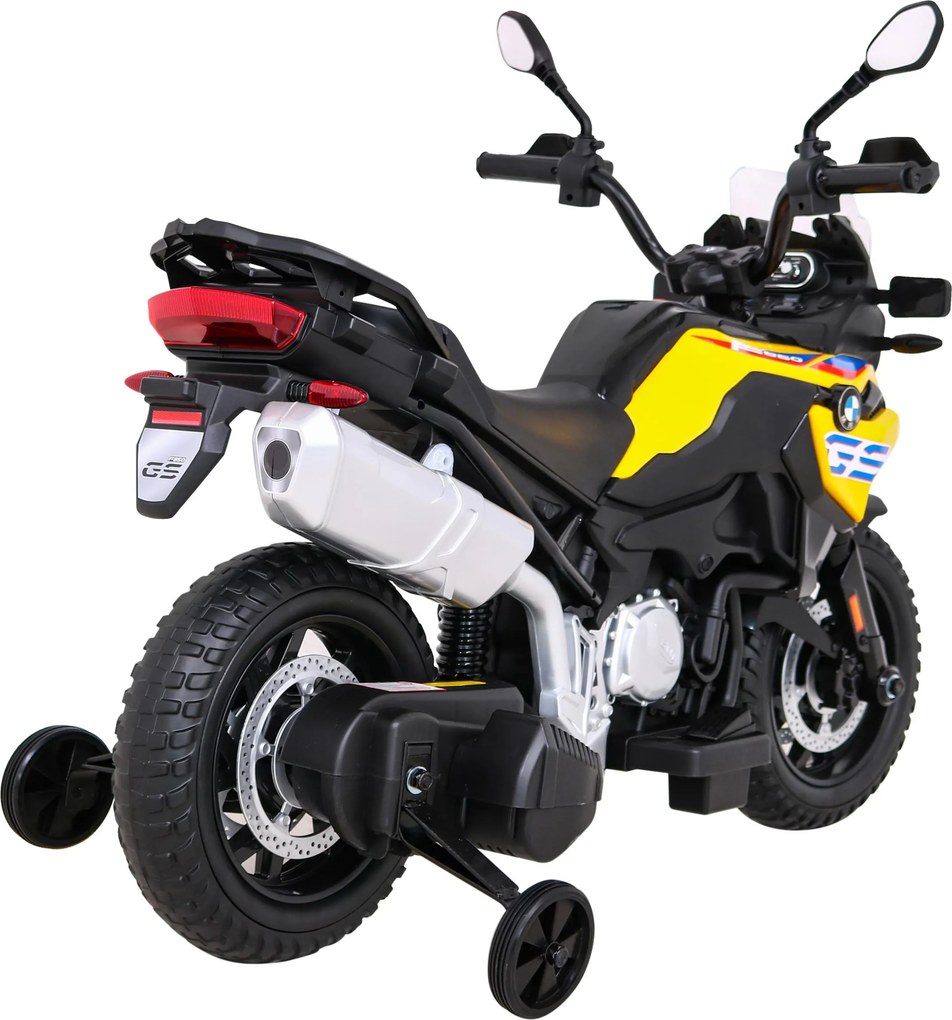 Ramiz Dětská motorka na baterie BMW F850 GS žlutá + pomocná kolečka + audio LED + pomalý start + EVA