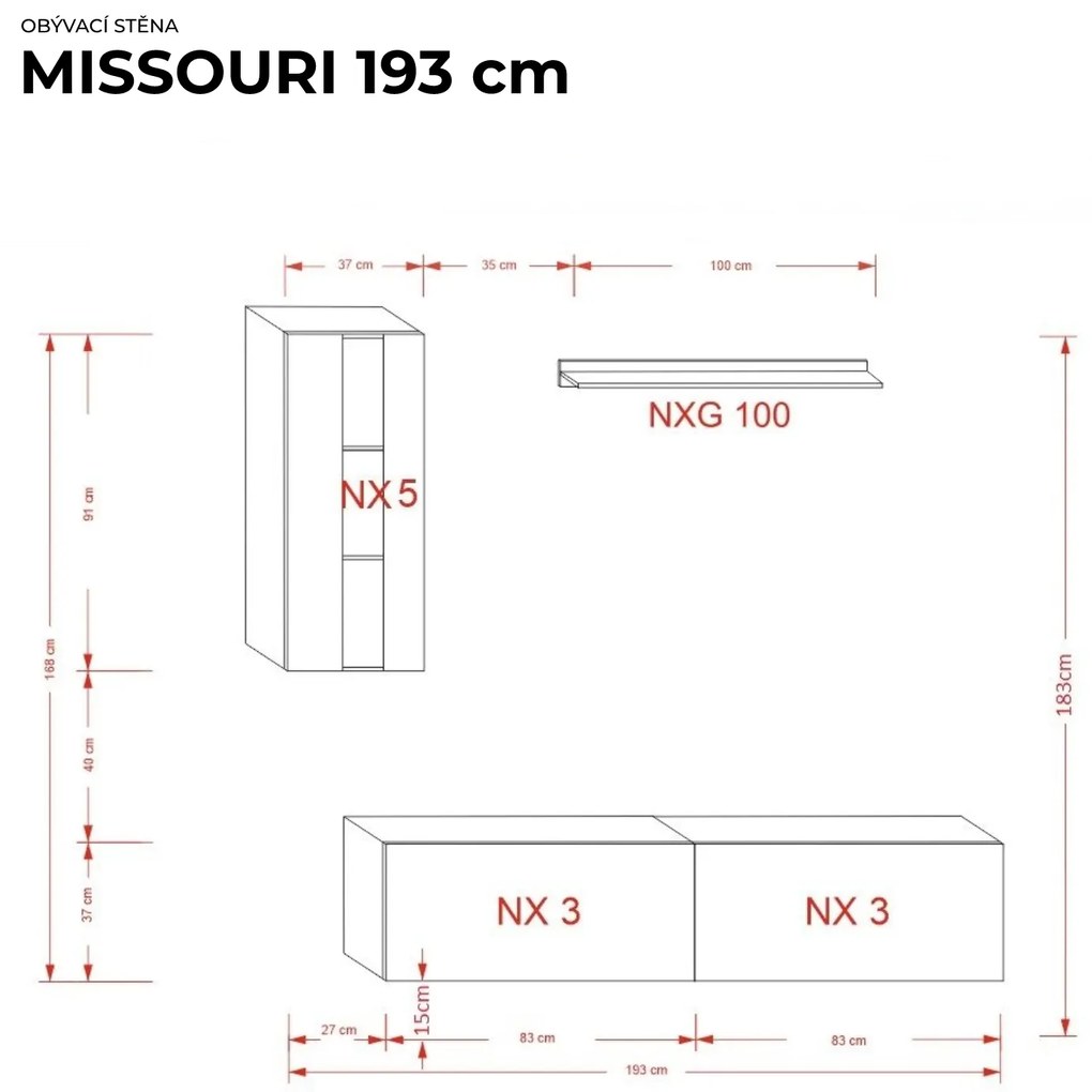 Ral Obývací stěna MISSOURI 3, 193 cm - Černo/bílý lesk