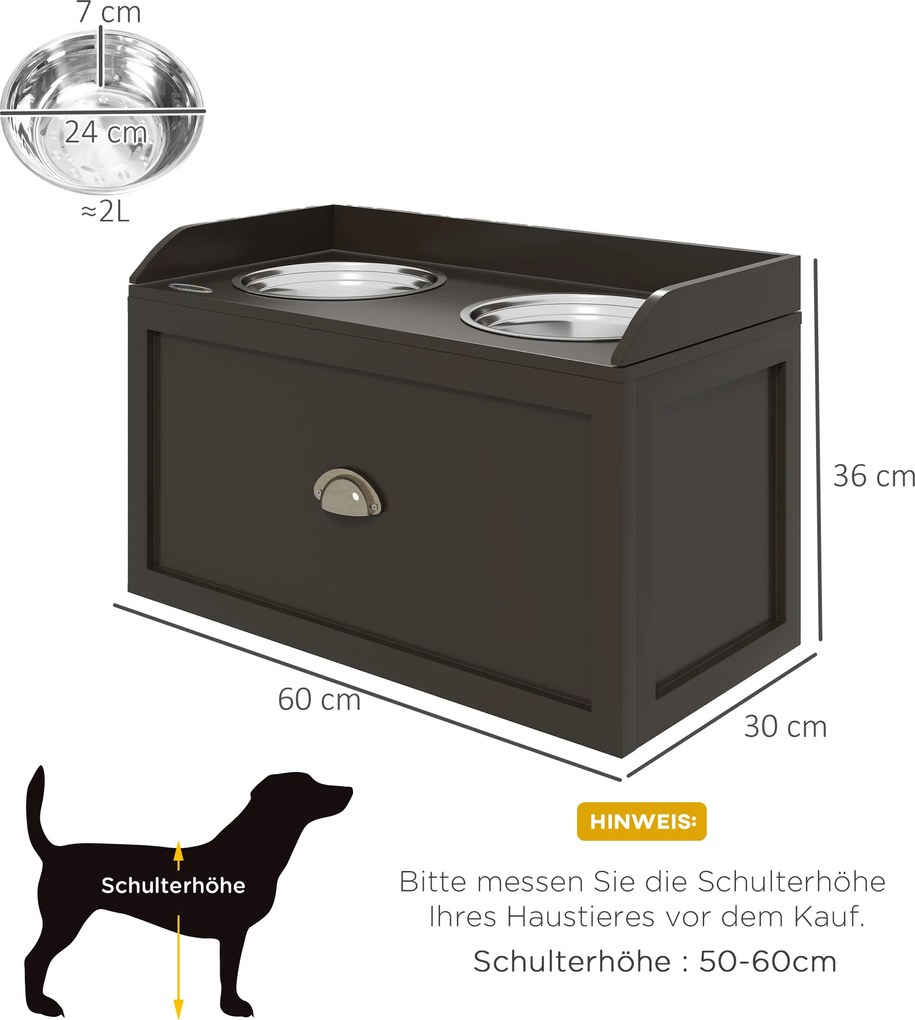 Miska pro psy PawHut, 2 x 2 litry, vyvýšená miska se zásuvkou, miska z nerezové oceli, krmná stanice pro velké psy, káva