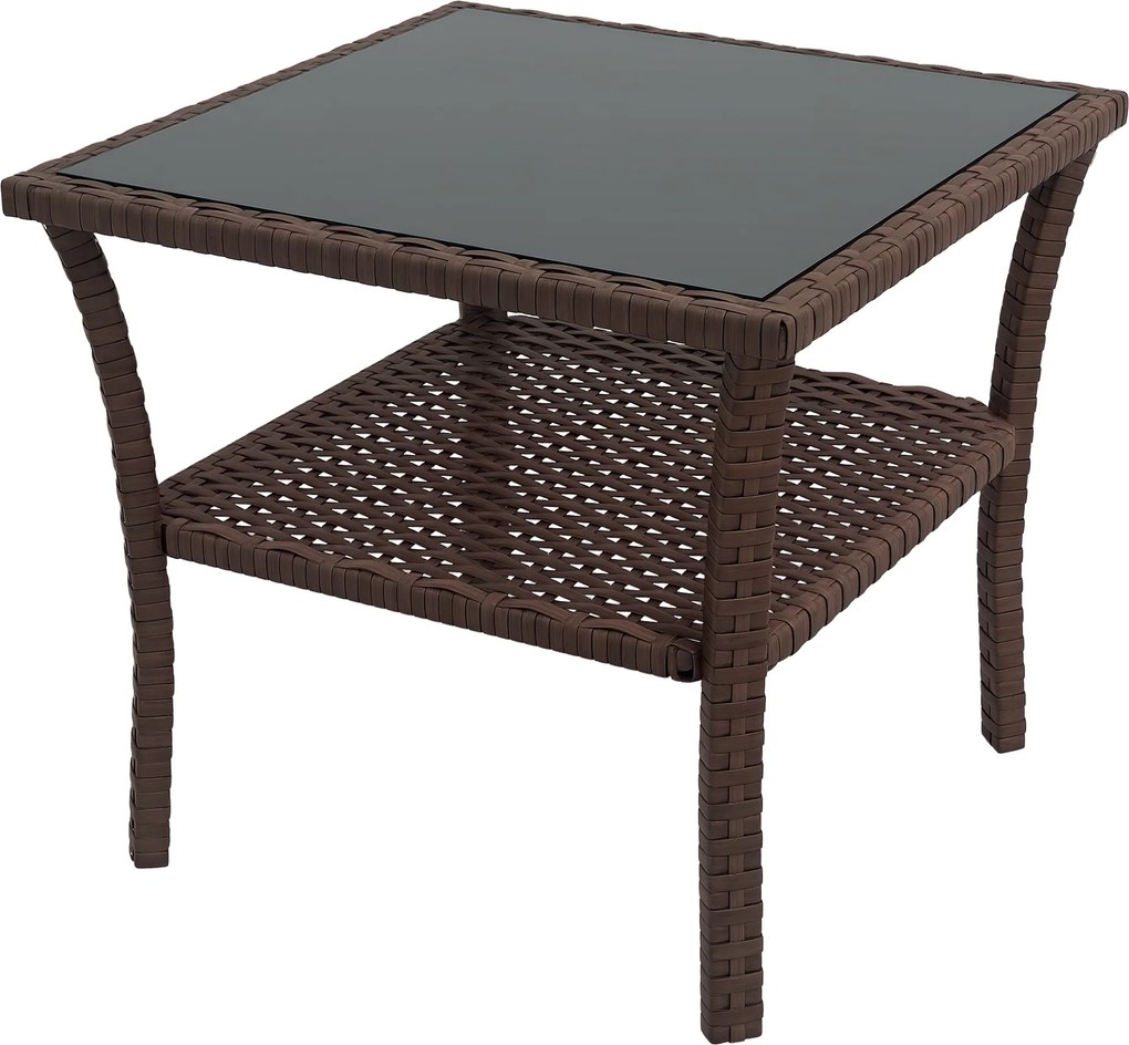 Outsunny Čtvercový Stůl ze Syntetického Rattanu 50x50x45 cm s Skleněnou Policí a Ocelovým Rámem 30 kg pro Terasu a Patio Hnědý | Aosom
