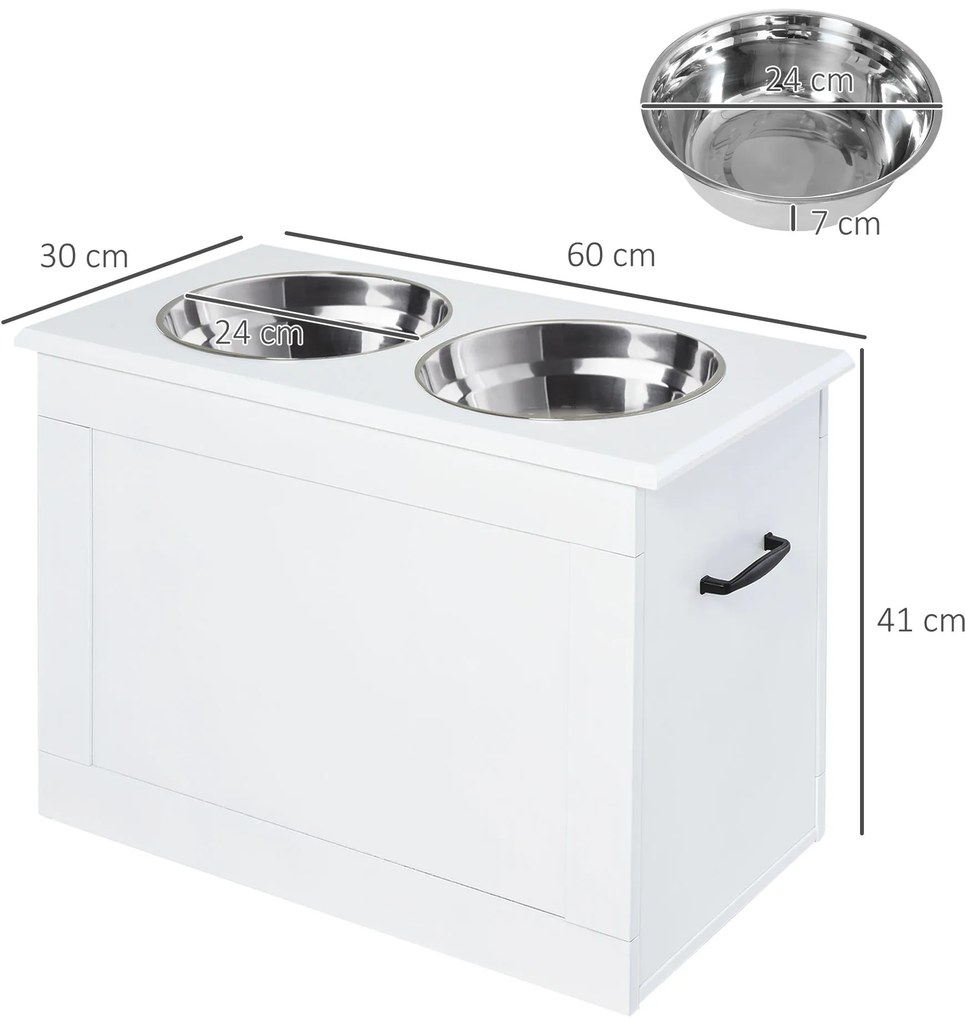 PawHut miska na krmivo pro psy s úložným prostorem 2 nerezové misky 60x30x41cm v bílé barvě pro psy