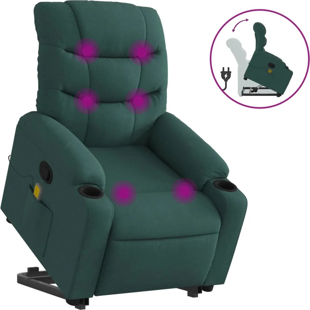 Zvedací masážní polohovací křeslo tmavě zelené textil 3206660