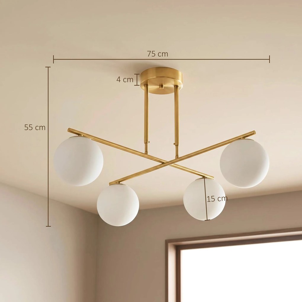 HOMCOM Moderní závěsná lampa se 4 kulatými stínidly, výškově nastavitelné a otočné o 350°, bílé