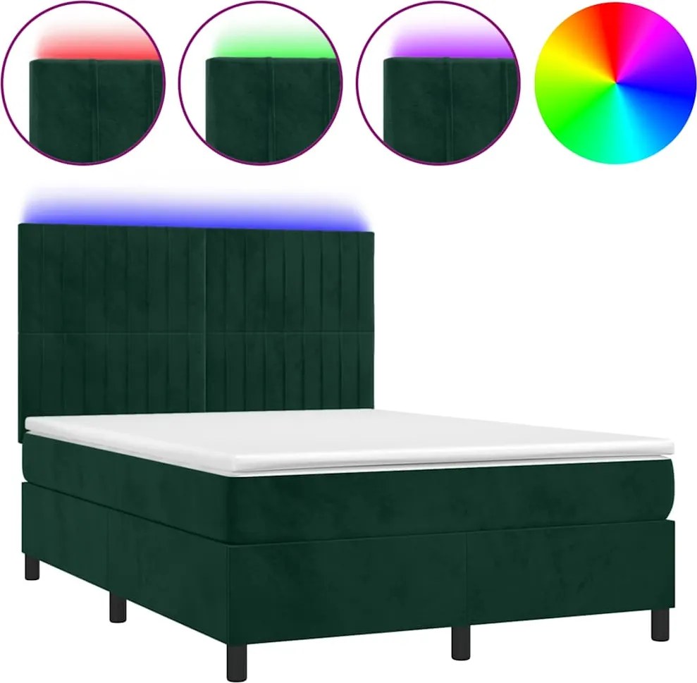 Box spring postel s matrací a LED tmavě zelená 140x190 cm samet 3136242